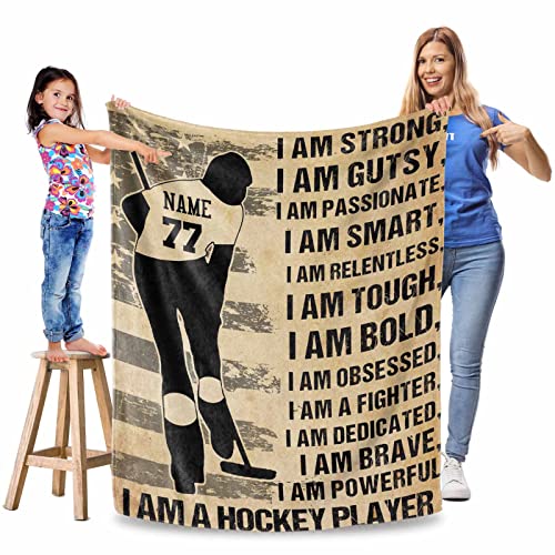 MyPupSocks Personalized Hockey Player Blanket with Name/Number and Text Design Gift for Sports Fans & Lovers, All-Season Blanket Throw 50"x60"