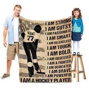 MyPupSocks Personalized Hockey Player Blanket with Name/Number and Text Design Gift for Sports Fans & Lovers, All-Season Blanket Throw 50"x60"