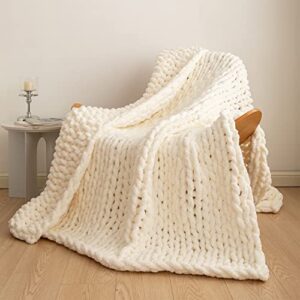 libcmlian cream chunky knit blanket throw 40″x40″ luxury chenille yarn knitted blanket tight braided thick cable knit throw blanket for couch bed sofa