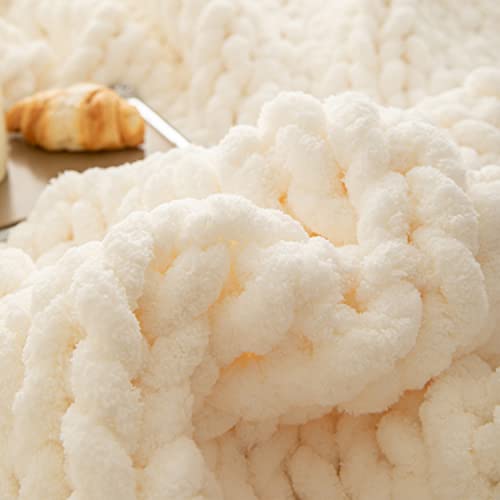 LiBcmlian Cream Chunky Knit Blanket Throw 40"x40" Luxury Chenille Yarn Knitted Blanket Tight Braided Thick Cable Knit Throw Blanket for Couch Bed Sofa