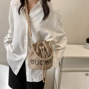 Small Bucket Bag for Women, Leather Bucket Bag Purses, Crossbody/Handbag/Hobo Bag(7.9 * 7.9 * 8.3in) (Khaki)