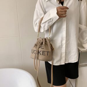 Small Bucket Bag for Women, Leather Bucket Bag Purses, Crossbody/Handbag/Hobo Bag(7.9 * 7.9 * 8.3in) (Khaki)