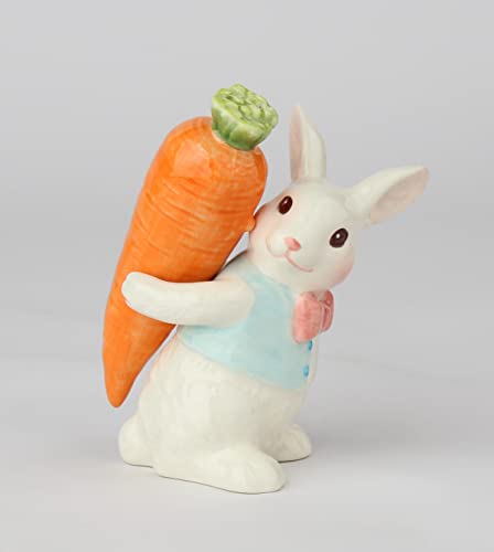 Fine Ceramic Spring Easter Buny carries Carrot Salt & Pepper Shakers Set, 3.75" H