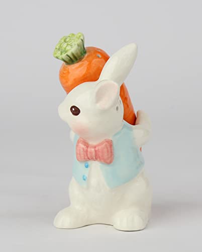 Fine Ceramic Spring Easter Buny carries Carrot Salt & Pepper Shakers Set, 3.75" H