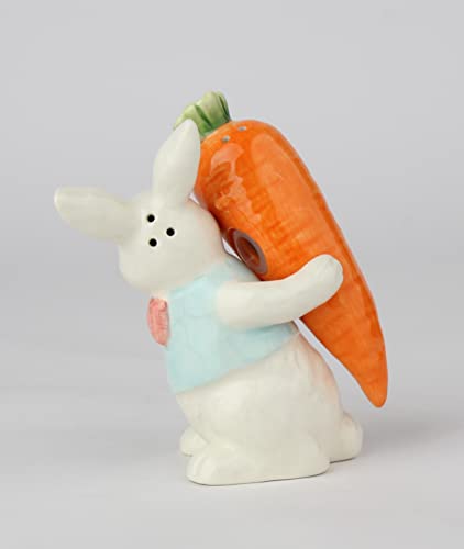 Fine Ceramic Spring Easter Buny carries Carrot Salt & Pepper Shakers Set, 3.75" H