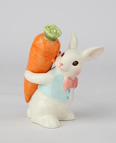 Fine Ceramic Spring Easter Buny carries Carrot Salt & Pepper Shakers Set, 3.75" H