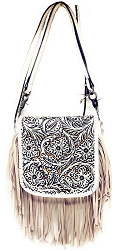 Texas West Western Genuine Leather Cowgirl Crossbody Messenger Fringe Laser Cut Purse Bag in 5 colors (White/Beige)