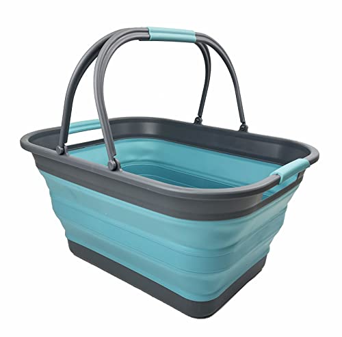 SAMMART 29L (7.6 Gallons) Collapsible Tub with Handle - Portable Outdoor Picnic Basket/Crater - Foldable Shopping Bag - Space Saving Storage Container (Grey/Crystal Blue)