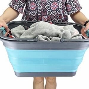 SAMMART 29L (7.6 Gallons) Collapsible Tub with Handle - Portable Outdoor Picnic Basket/Crater - Foldable Shopping Bag - Space Saving Storage Container (Grey/Crystal Blue)