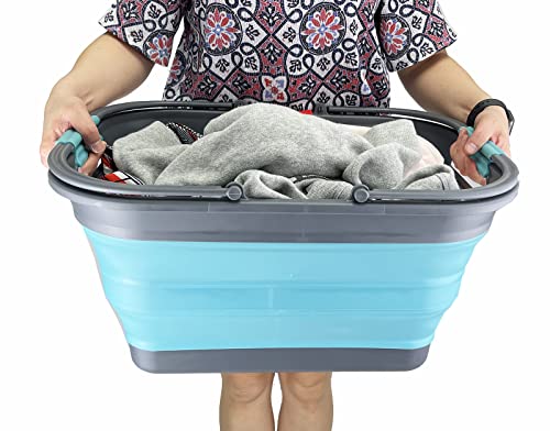 SAMMART 29L (7.6 Gallons) Collapsible Tub with Handle - Portable Outdoor Picnic Basket/Crater - Foldable Shopping Bag - Space Saving Storage Container (Grey/Crystal Blue)