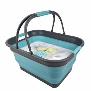 SAMMART 29L (7.6 Gallons) Collapsible Tub with Handle - Portable Outdoor Picnic Basket/Crater - Foldable Shopping Bag - Space Saving Storage Container (Grey/Crystal Blue)