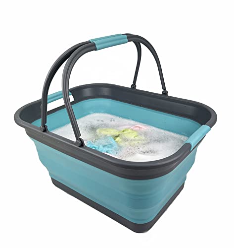 SAMMART 29L (7.6 Gallons) Collapsible Tub with Handle - Portable Outdoor Picnic Basket/Crater - Foldable Shopping Bag - Space Saving Storage Container (Grey/Crystal Blue)