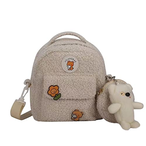 XINBOO Kawaii Fluffy Mini Backpack for Girls Soft Plush Bag Women's Aesthetic Fuzzy Backpack with Furry Purse (Beige)