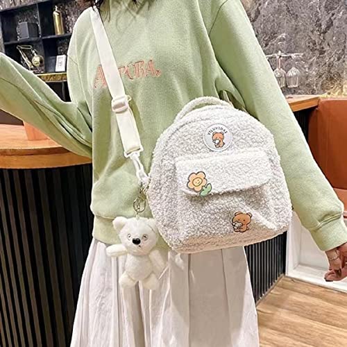 XINBOO Kawaii Fluffy Mini Backpack for Girls Soft Plush Bag Women's Aesthetic Fuzzy Backpack with Furry Purse (Beige)