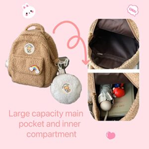 XINBOO Kawaii Fluffy Mini Backpack for Girls Soft Plush Bag Women's Aesthetic Fuzzy Backpack with Furry Purse (Beige)