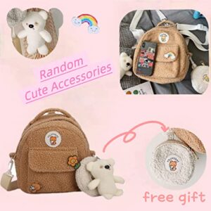 XINBOO Kawaii Fluffy Mini Backpack for Girls Soft Plush Bag Women's Aesthetic Fuzzy Backpack with Furry Purse (Beige)