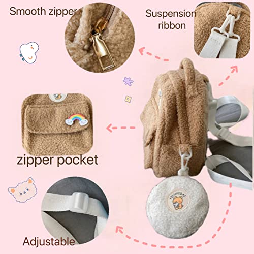 XINBOO Kawaii Fluffy Mini Backpack for Girls Soft Plush Bag Women's Aesthetic Fuzzy Backpack with Furry Purse (Beige)