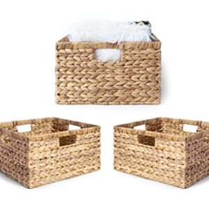 BARIEN 14.5” x 13.5” x 8” (Set of 3) Natural Water Hyacinth Storage Baskets, Rectangular Wicker Basket with Built-in Handles, Large (Natural - Set of 3)