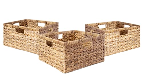 BARIEN 14.5” x 13.5” x 8” (Set of 3) Natural Water Hyacinth Storage Baskets, Rectangular Wicker Basket with Built-in Handles, Large (Natural - Set of 3)