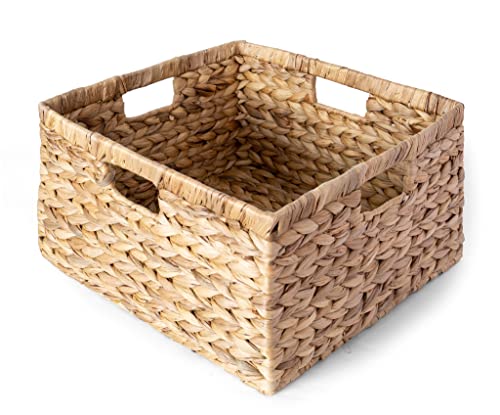 BARIEN 14.5” x 13.5” x 8” (Set of 3) Natural Water Hyacinth Storage Baskets, Rectangular Wicker Basket with Built-in Handles, Large (Natural - Set of 3)