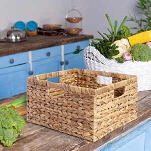 BARIEN 14.5” x 13.5” x 8” (Set of 3) Natural Water Hyacinth Storage Baskets, Rectangular Wicker Basket with Built-in Handles, Large (Natural - Set of 3)