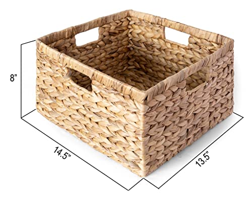 BARIEN 14.5” x 13.5” x 8” (Set of 3) Natural Water Hyacinth Storage Baskets, Rectangular Wicker Basket with Built-in Handles, Large (Natural - Set of 3)