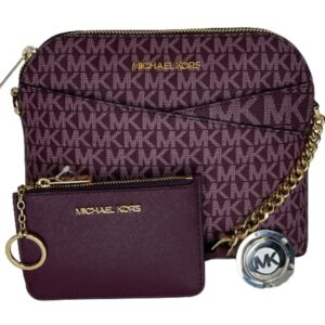 Michael Kors Jet Set Travel MD Dome XCross Crossbody bundled with SM TZ Coinpouch Purse Hook (Signature MK Bordeaux/Bordeaux)