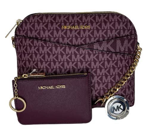 Michael Kors Jet Set Travel MD Dome XCross Crossbody bundled with SM TZ Coinpouch Purse Hook (Signature MK Bordeaux/Bordeaux)