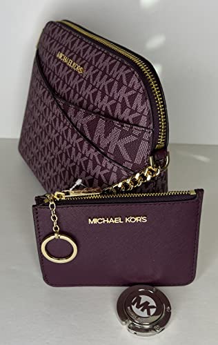 Michael Kors Jet Set Travel MD Dome XCross Crossbody bundled with SM TZ Coinpouch Purse Hook (Signature MK Bordeaux/Bordeaux)