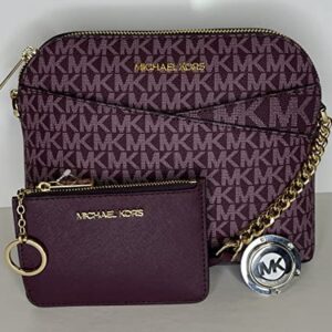 Michael Kors Jet Set Travel MD Dome XCross Crossbody bundled with SM TZ Coinpouch Purse Hook (Signature MK Bordeaux/Bordeaux)