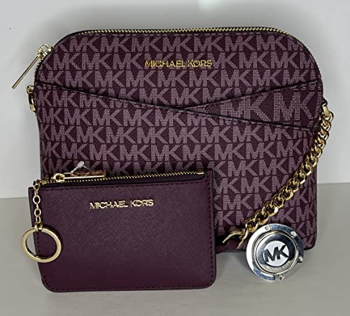 Michael Kors Jet Set Travel MD Dome XCross Crossbody bundled with SM TZ Coinpouch Purse Hook (Signature MK Bordeaux/Bordeaux)