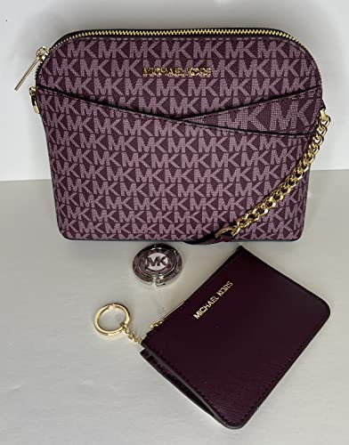 Michael Kors Jet Set Travel MD Dome XCross Crossbody bundled with SM TZ Coinpouch Purse Hook (Signature MK Bordeaux/Bordeaux)