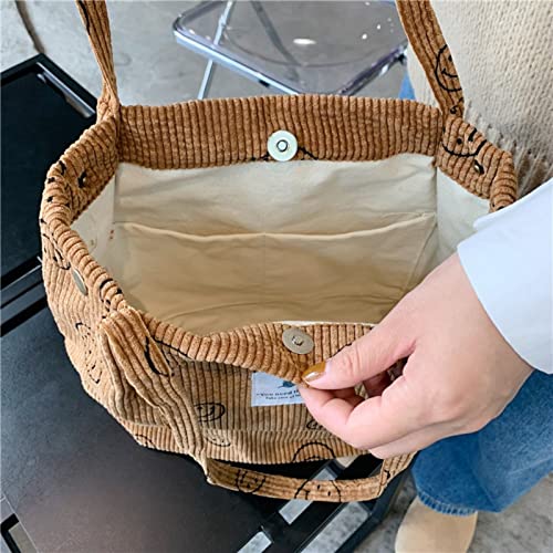 Corduroy Totes Bag Women's Shoulder Handbags Big Capacity Shopping Bag with Inner Pockets（White Smile）