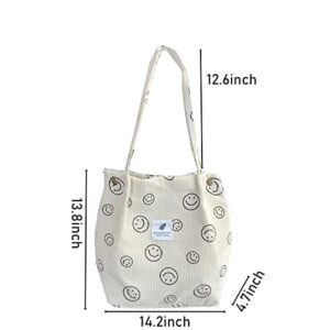 Corduroy Totes Bag Women's Shoulder Handbags Big Capacity Shopping Bag with Inner Pockets（White Smile）