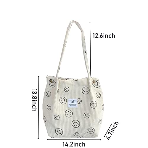 Corduroy Totes Bag Women's Shoulder Handbags Big Capacity Shopping Bag with Inner Pockets（White Smile）