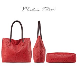 Milan Chiva Leather Tote Bag for Women with Zipper Large Ostrich Hobo Purse Shoulder Purses and Handbags, MC-1038RD