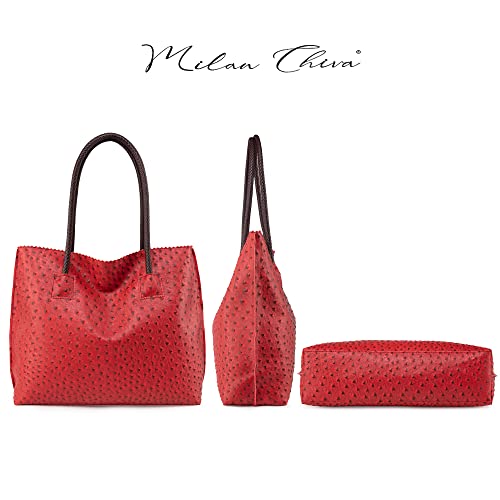 Milan Chiva Leather Tote Bag for Women with Zipper Large Ostrich Hobo Purse Shoulder Purses and Handbags, MC-1038RD