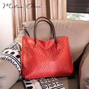 Milan Chiva Leather Tote Bag for Women with Zipper Large Ostrich Hobo Purse Shoulder Purses and Handbags, MC-1038RD