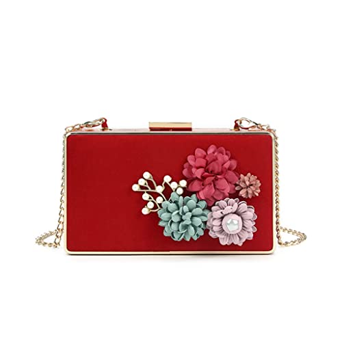 SEIJY Red Color Velvet Flower Day Clutch Flap Shoulder Chain Beading Holder Party Handbags Purse Evening Bags