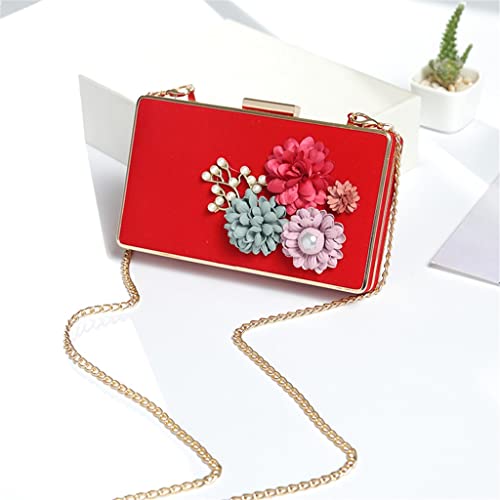 SEIJY Red Color Velvet Flower Day Clutch Flap Shoulder Chain Beading Holder Party Handbags Purse Evening Bags