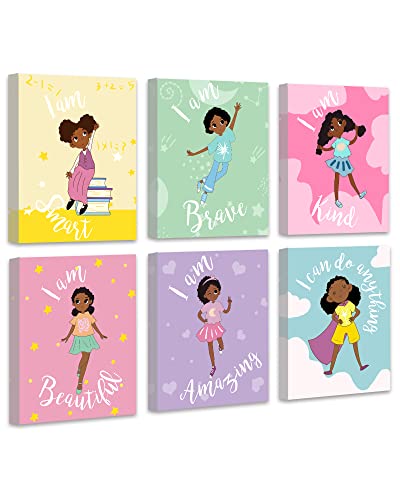 Girls Room Decor Black Girl Wall Painting Art Decor - Motivational Black Girl Posters - Inspirational Art Paint for Kids Teen Girls Room Wall Decorations (Framed, 8 x 10 Inch x 6pcs)