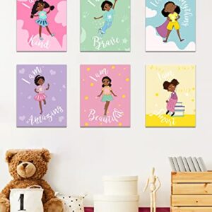 Girls Room Decor Black Girl Wall Painting Art Decor - Motivational Black Girl Posters - Inspirational Art Paint for Kids Teen Girls Room Wall Decorations (Framed, 8 x 10 Inch x 6pcs)