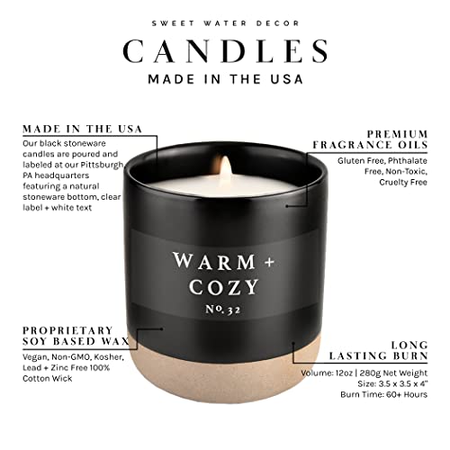 Sweet Water Decor Warm and Cozy Soy Candle | Orange Peel, Cinnamon, Ginger, Clove, Cypress, Fir Balsam and Pine Scented Candles for Home | 12oz Black Stoneware Jar, 60+ Hour Burn Time, Made in the USA