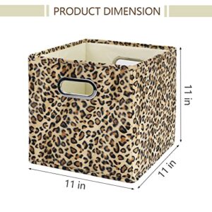 ANMINY 2PCS Storage Cube Set Leopard Print Large Velvet Fabric Storage Bins Boxes Baskets with Handles PP Plastic Board Foldable Closet Shelf Organizer Container for Home Office - Brown, 11"x 11"x 11"