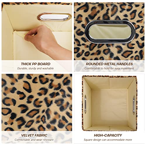 ANMINY 2PCS Storage Cube Set Leopard Print Large Velvet Fabric Storage Bins Boxes Baskets with Handles PP Plastic Board Foldable Closet Shelf Organizer Container for Home Office - Brown, 11"x 11"x 11"