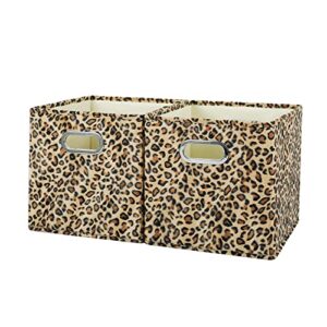 ANMINY 2PCS Storage Cube Set Leopard Print Large Velvet Fabric Storage Bins Boxes Baskets with Handles PP Plastic Board Foldable Closet Shelf Organizer Container for Home Office - Brown, 11"x 11"x 11"