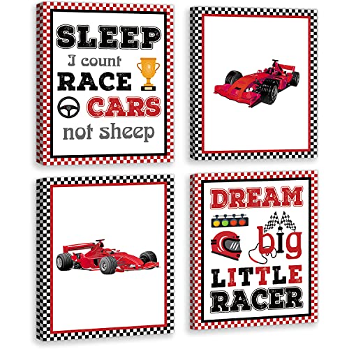 LHIUEM Race Car Wall Decor Sport Car Canvas Poster(8”X10”) Racing Mosaic Frame Wall Printed Hot Wheels Wall Art Big Dream Little Racer Wall Paintings for Boys Bedroom Playroom Classroom Ready to Hang