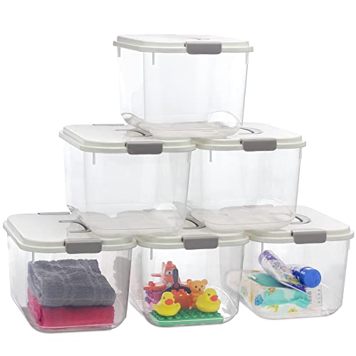 EZOWare 13 Quart Plastic Storage Box Tote Bins with Top Handle, Set of 6 Stackable Latch Storage Container Tote Boxes with Latching Lids - 11.4 x 8.3 x 7 inches, Clear/White