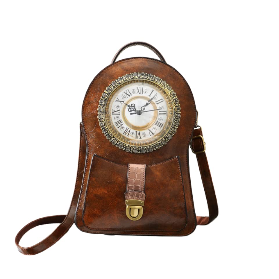 clock purse Real Working Clock Shoulderbags women's backpack vintage one shoulder messenger bag Cross Body for Women Girls (Brown)