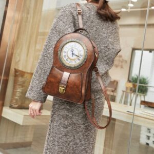 clock purse Real Working Clock Shoulderbags women's backpack vintage one shoulder messenger bag Cross Body for Women Girls (Brown)